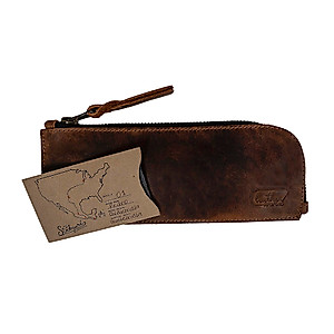 Leather Worx, Full Grain Leather Flat Pencil Pouch, Curved Pen and Marker Case for Men and Women, Zippered Bag for Work & Artists Accessories, Bourbon Brown