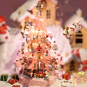 YILETKC Pink Crystal Christmas Tree Building Block Set, 675 PCS Christmas Music Box Bricks Model Kit, Construction Toy for Adults Girls