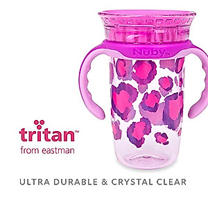 Nuby 360 Edge 2 Stage Drinking Rim Cup with Removable Handles & hygienic Cover: 10 Oz/ 300 Ml, 12M+, Leopard, Purple (80810)
