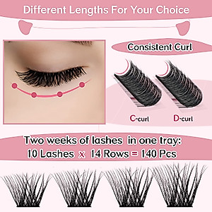 Lash Clusters 140 Pcs Cluster Lashes 14 Pairs Eyelash Clusters DIY Eyelash Extension Individual Cluster Eyelashes Mix Length Fluffy Super Thin Band Reusable Soft & Comfortable(Flipped-D-mix)