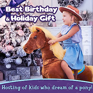 PonyCycle Official Walking Horse No Battery No Electricity Mechanical Brown Color Giddy up Pony Plush Toy Ride on Animal for Age 3-5 Years Small Size - K32