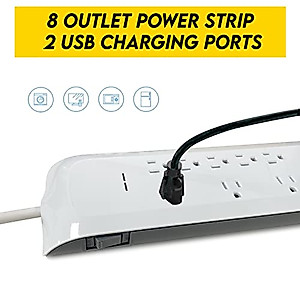 MaxWorks 50390 900 Joule 8 Outlet Power Strip with 2 USB Charging Ports, 8 Foot Power Cord 1875W 15A 125V 60HZ SJT 14/3