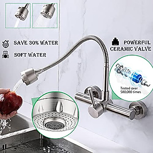 Wall Mount Faucet with Sprayer 7.6-8.4 Inch Center, Commercial Kitchen Sink Faucet, Brushed Nickle Stainless Steel Sink Mixer Tap, Laundry Utility Faucets with Pull Down Sprayer, NSF Lead-Free