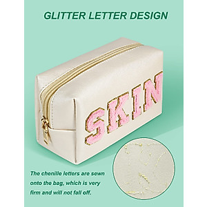 besharppin Preppy Makeup Bag, Synthetic Leather Patch Cosmetic Bag with SKIN Chenille Letter for Travel, Gift for Girlfriend or Wife, Present for Girls, Daughter, Sister and Mother