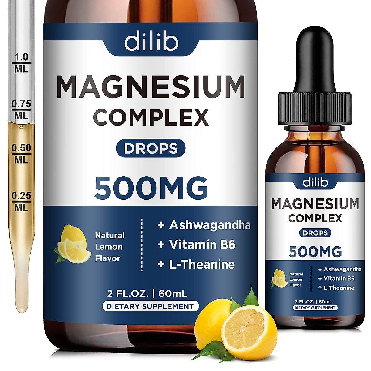 Magnesium Glycinate Liquid Drops, Triple Magnesium Complex Supplement with Citrate, Malate 500mg Ashwagandha, L-Theanine, Vitamin B6 for Sleep, Calm, Stress Relief, Bone, Muscle, Mood - Lemon Flavor