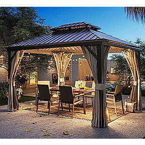 LAUSAINT HOME 10'x12' Permanent Outdoor Gazebo, Heavy Duty Metal Hardtop Double Roof Gazebos with Aluminum Frame & Enclosed Khaki Curtains and Mosquito Nettings for Lawn and Garden