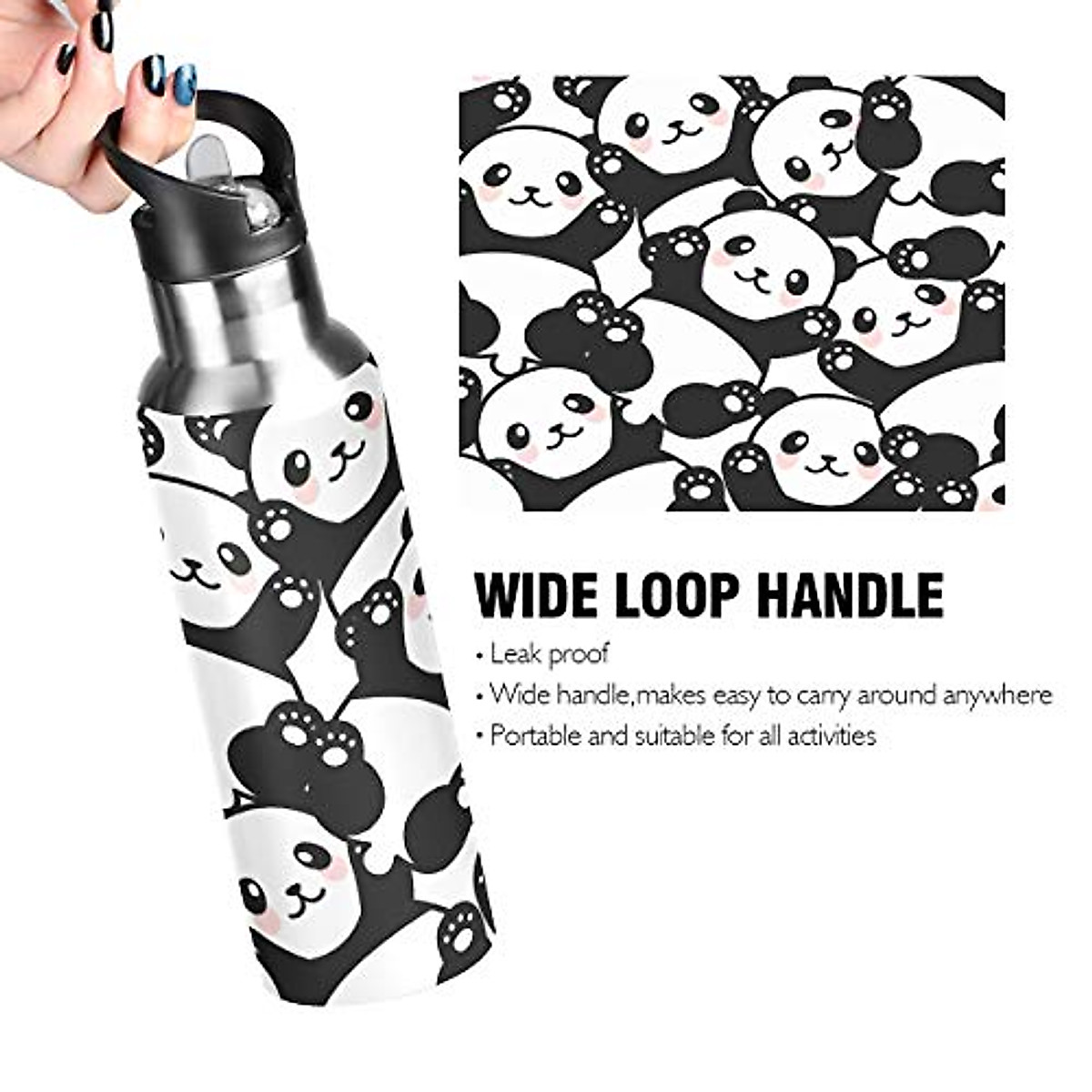 WELLDAY Water Bottle Cartoon Panda Double Wall Vacuum Insulated Flask Stainless Steel with Straw Lid 20oz