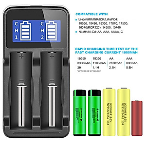 FARSAIL LCD Universal 18650 Battery Charger for 3.7V Li-ion Rechargeable Batteries 18650 18490 18350 17670 17500 16340(RCR123A) 14500 and Ni-MH Ni-CD Rechargeable AA AAA Batteries