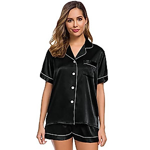 SWOMOG Womens Silk Satin Pajamas Set Two-piece Pj Sets Sleepwear Loungewear Button-Down Pj Sets Black