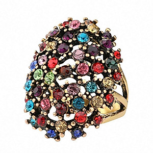 Retro Jewelry Antique Gold Color Multicolored Cluster Crystal Ring For Women (7)