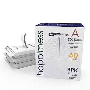 happimess HPM3000A-WHITE 7.9 Gallon Kitchen Drawstring Trash Bags, Trash Can Liner, White, 60-Count, 3-Packs of 20 Liners