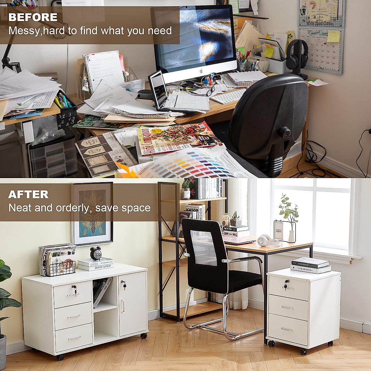 TUKAILAi Mobile File Cabinet with 3 Drawers, Under Desk Rolling Filing Cabinet with 4 Wheels for Letter/Legal / A4 Size, Wooden Stationery Storage Cabinet for Home Office (White)