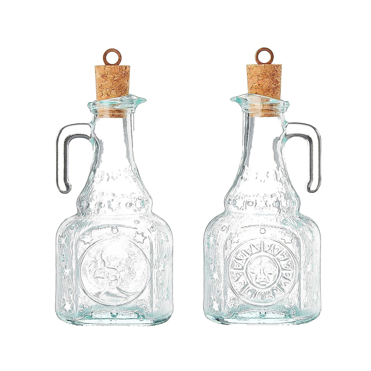 Bormioli Rocco Set Of 2 Country Home Helios Oil Bottle, 8-ounce With All Natural Cork Lid, Blue-green Tinted Star Glass, Elegant And Floral Design Made In Italy.
