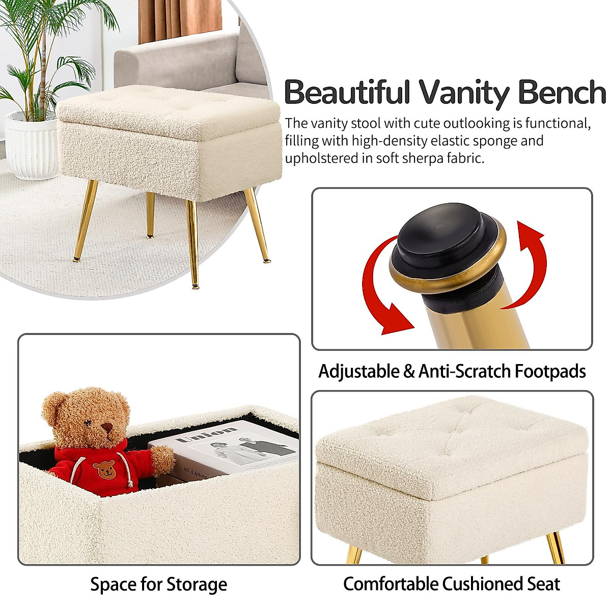 Furniliving Vanity Stool, 19.75" W x 14.75" W x 18.5" H Sherpa Vanity Bench with Storage, Faux Fur Vanity Chair for Makeup Room, Comfy Foot Rest Modern Ottoman for Bedroom, Living Room(IvoryWhite)