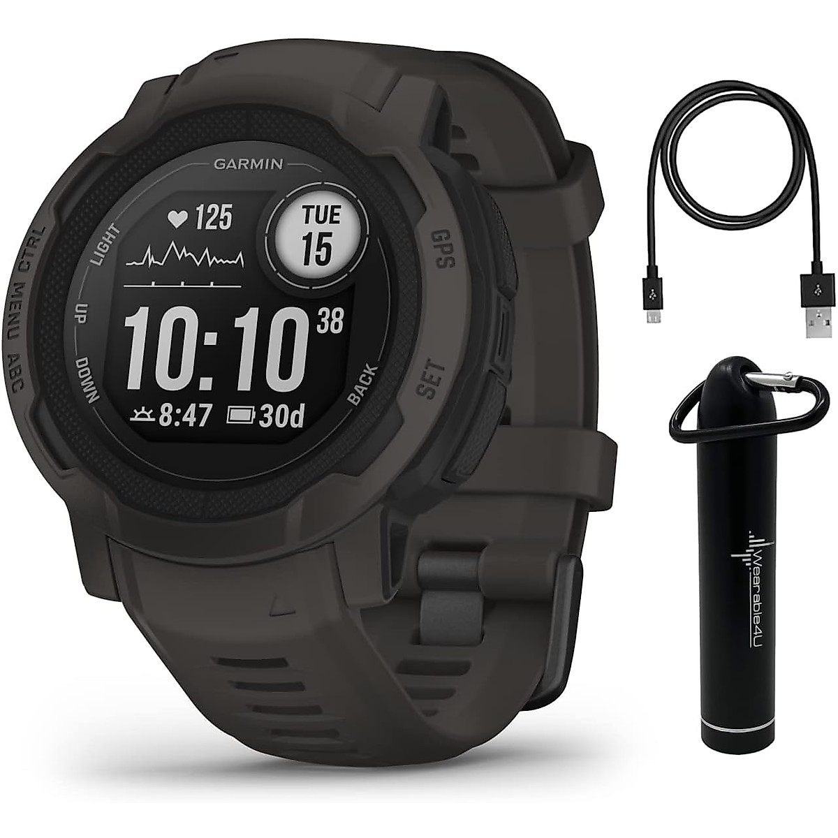 Wearable4U Garmin Instinct 2S GPS Smaller-Sized Rugged Outdoor Smartwatch, Graphite with Corning Gorilla Glass, Multi-GNSS Support Power Bundle
