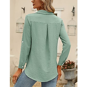 Women's Button Down Shirt Work Business Casual 3/4 Sleeve Tops Rolled Up Plus Size Shirts V Neck Curved Hem Chiffon Blouse Tops Light Green