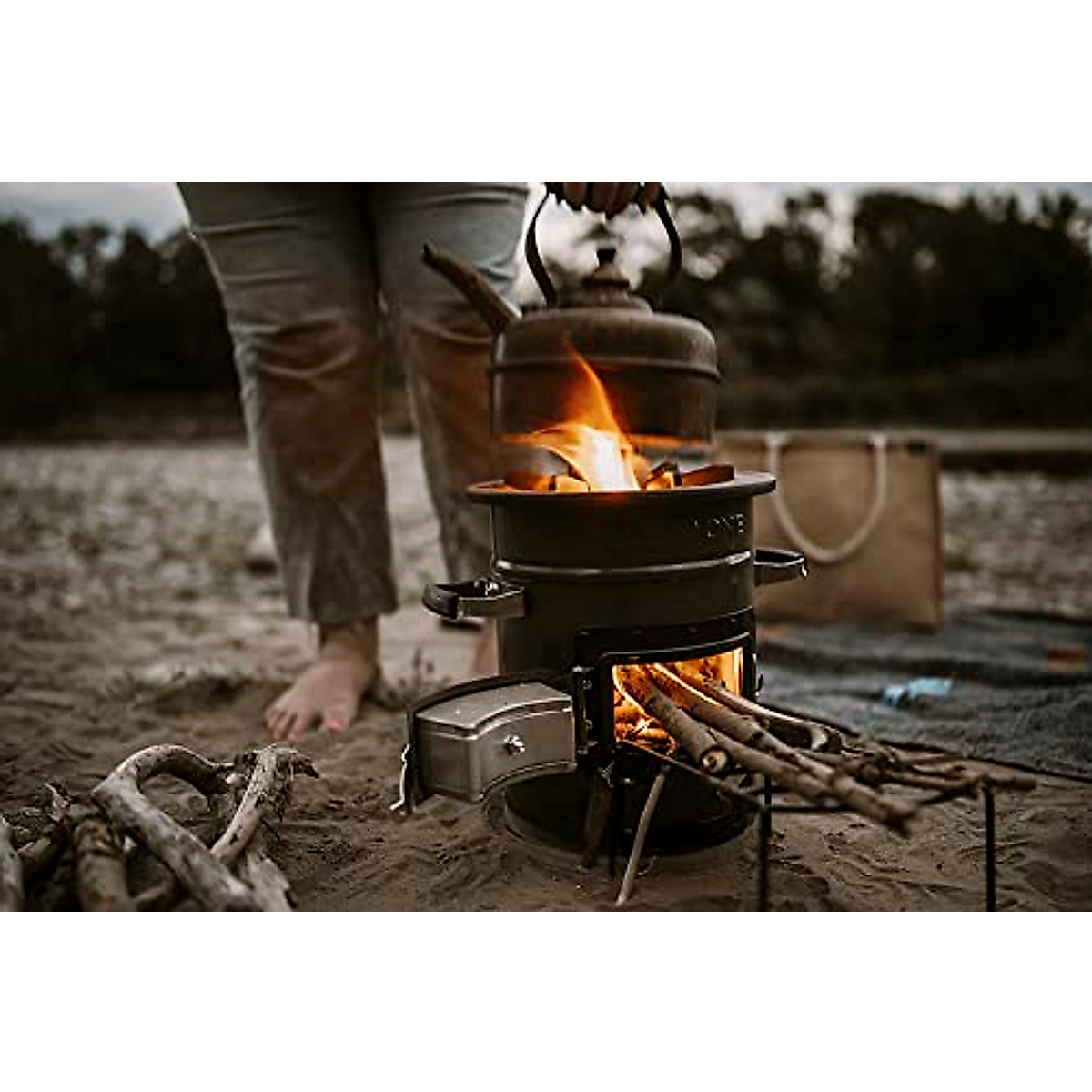 GasOne Premium Wood Burning Rocket Stove Camping for Backpacking, Hiking, RV and Survival - Insulated Barrel Stove Kit with Silicone Handles – Military Green