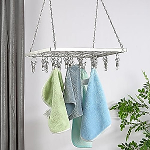 WudTus Clothes Drying Rack with Basket,18 Clips Stainless Steel Laundry Drying Rack Sock Hanger,Windproof Clothes Rack for Drying Socks,Bras,Shoes,Towel,Hat,Scarf
