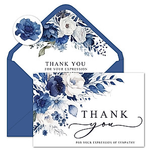 AnyDesign 30Pcs Floral Funeral Thank You Cards with Sticker Envelope, Watercolor Blue Flower Bereavement Card with Message for Memorial Service Loved Ones Celebration of Life