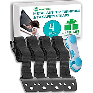 Family Care Metal Anti Tip Furniture Straps/TV Safety Straps (4 Pack+Gift) Kit -Secure 400lb- Earthquake Straps for Bookcases - Furniture Wall Anchors for Baby Proofing - Anti Tip Furniture Anchors