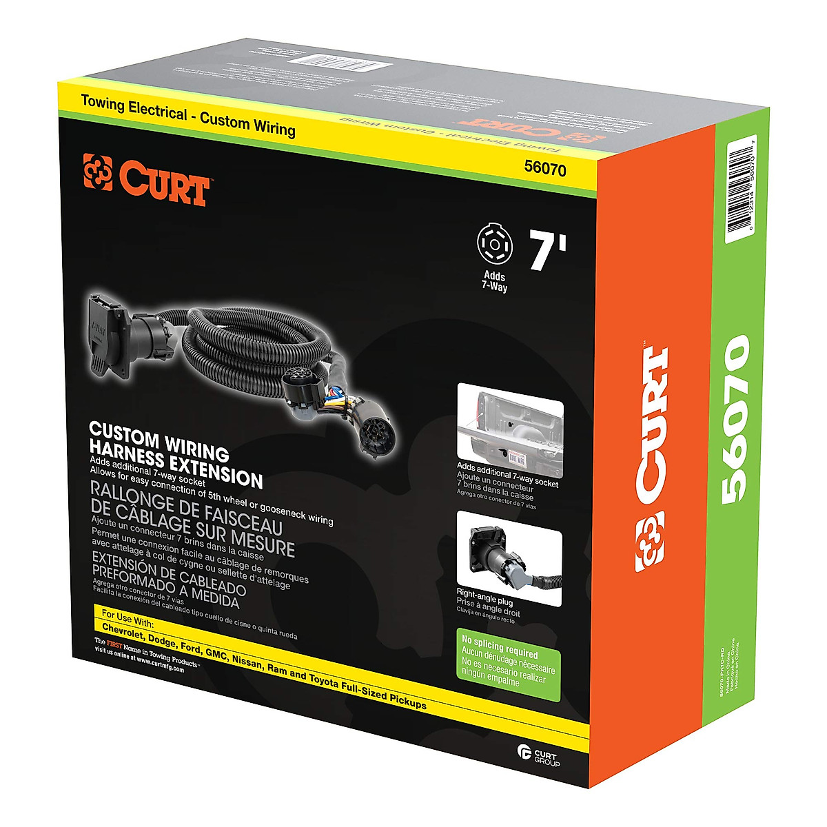 CURT 56070 7-Foot Vehicle-Side Truck Bed 7-Pin Trailer Wiring Harness Extension, Select Chevrolet, Dodge, Ford, GMC, Nissan, Ram, Toyota , black