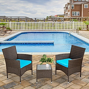 FDW Patio Furniture Sets 3 Pieces Wicker Bistro Set Outdoor Patio Set Rattan Chair Conversation Sets Patio Sofa Wicker Table Set for Yard Backyard Lawn Porch Poolside Balcony,Blue Cushion