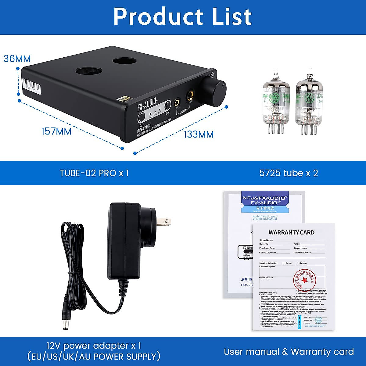 FX-Audio Tube-02 Pro Tube Headphone Amplifier, Vacuum 5725 Tube Preamp, Mini Hi-Fi Integrated Stereo Class A amp Supports 32-600 ohms of Headphones, for Stereo Amplifier/Active Speaker