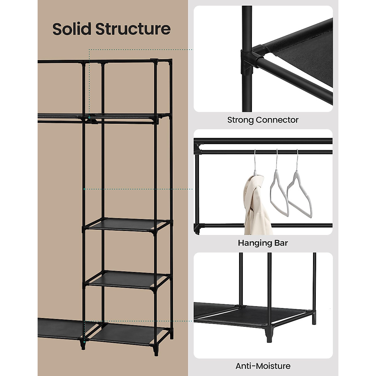 Hzuaneri Closet Wardrobe, 64-inch Portable Closet for Bedroom, 3 Clothes Rail with 9 Compartments Shelves, Freestanding Clothes Storage Organizer for Cloakroom, Black WH0203