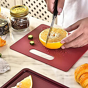 Linoroso Cutting Boards for Kitchen with Defrosting Tray Set of 3, Dishwasher Safe Plastic Cutting Board with Deep Juice Grooves, Non-Slip Durable Chopping Boards for Meat, Veggies, Fruits - Red