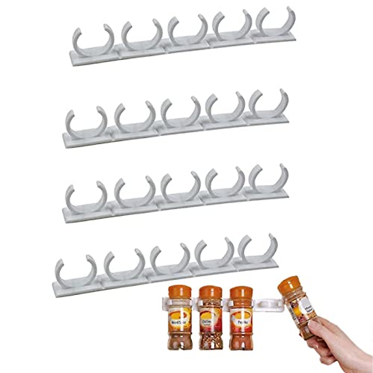 CaoXiong 4 Pack 20-Clips Wall Mounted Kitchen Spice Jar Rack,Organizer Rack,Seasoning Jar Storage Holder,Bottles Clip,Cupboard Spice Rack Shelf Cabinet Organizer Door with Adhesive Tape