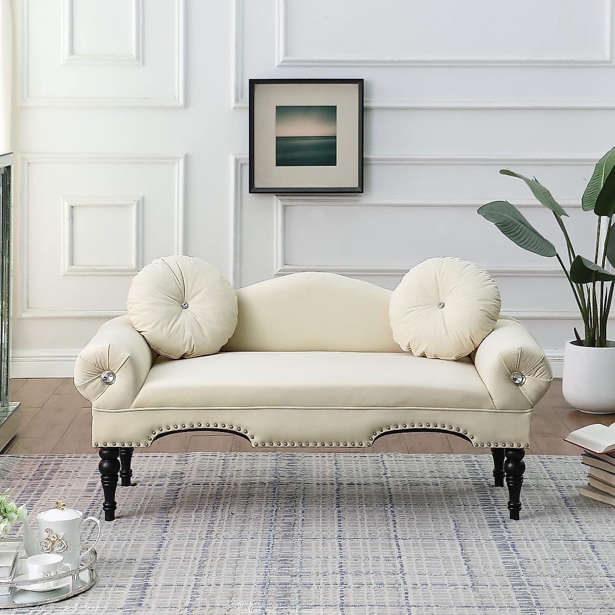 Homtique 54 Inches Velvet Loveseat with Rolled Arm,Mid Century Modern 2 Seater Couch Settee Sofa Entryway Bench with 2 Round Pillows for Living Room Bedroom Small Space (Beige)