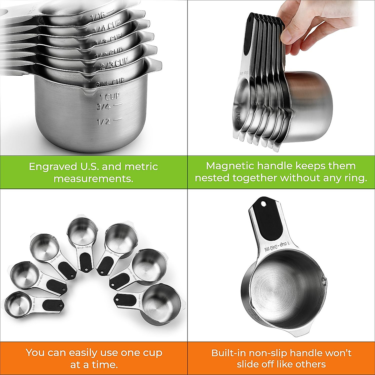 Spring Chef Magnetic Stainless Steel Measuring Cups (Patent Pending), Kitchen Tools with Easy to Read Markings for Measuring Dry or Liquid Ingredients, Set of 7, Black