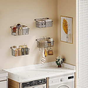 4 Pack Hanging Wall Basket for Organizing, Large Wire Baskets for Storage Pantry with 5 S Hooks+4 Strong Adhesive Wall Hooks, Wall Mounted Metal Wire Storage Baskets Shelf for Cabinet Kitchen Bathroom