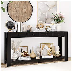Venera Rustic Chic Console Tables for Living Room - Solid Wood Black 63 Inch Entry Way Table Home Furniture - Functional Narrow Console Table - Console Table with Drawers and Four Drawers