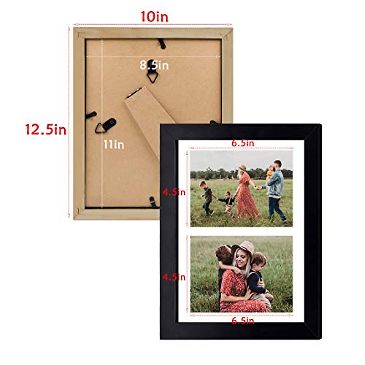 Golden State Art, 8.5x11 Black Wooden Picture Frame - White Mat for 2-5x7 Photos or 8.5x11 Certificate Without Mat - Real Glass - Easel Stand for Landscape/Portrait Table Display