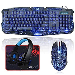 BlueFinger Backlit Gaming Keyboard and Mouse and LED Headset Combo,USB Wired 3 Color Crack Backlit Keyboard,Blue LED Light Gaming Headset,Gaming Keyboard Mouse Headphone Set for Work and Game