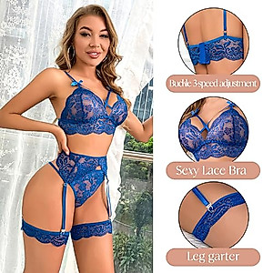 NEWEVEN Women's Lace Garter Lingerie 4 pcs Set with Teddy Babydoll Strappy Bra and Panty Set Garter Belt Leg Rings (No Stockings), Blue, L