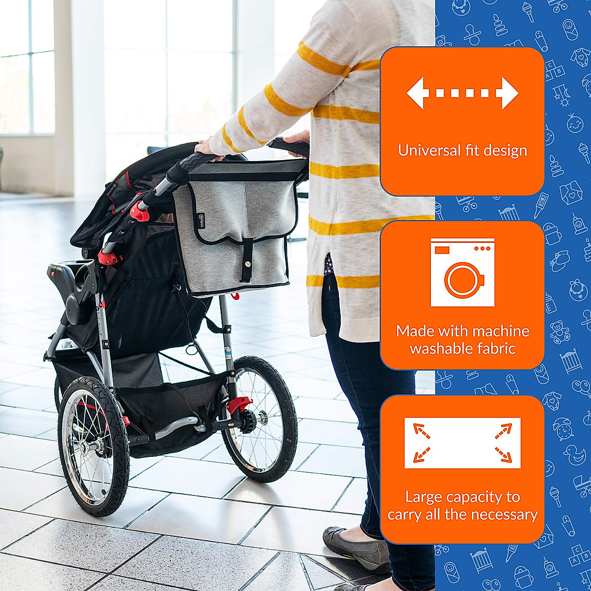 Stroller Organizer by Modfamily -Neoprene Bag with Zipper Storage Space and Two Cup Holders- Fits Umbrella and Single Strollers