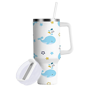 Burbuja Cute Blue Whales 40oz Insulated Tumblers with Handle and Straw Lid, Double Wall Stainless Steel Travel Mug Leak-Proof, BPA Free, Gift for Mom Dad