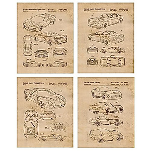 Vintage USA Muscle Cars Patent Prints, 4 (8x10) Unframed Photos, Wall Art Decor Gifts Under 25 for Home Office Man Cave C8 Corvette Viper Demon GT40 Team Racing Horsepower Sports Garage