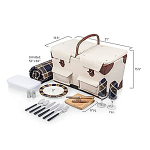 PICNIC TIME Pioneer Deluxe Picnic Basket with Blanket, Original Design Set for 2, Beige Canvas with Navy Blue & Brown Accents