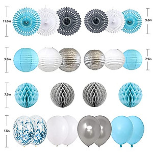 Baby Shower Decorations for Boy kit - Boy Baby Shower Banner,Foil balloons,Cake Toppers, Sash, Balloons, Paper Lanterns, Honeycombs, Tissue Paper Fans, Tassels,Blue Grey White
