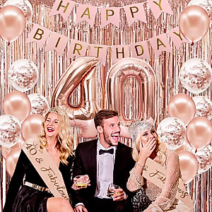 40th Birthday Decorations Women, Happy 40th Birthday Banner, Crown, Sash, Cake Topper And Number Balloon, Rose Gold 40 Birthday Party Decorations For Women