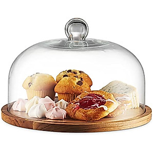 Godinger Cake Stand with Dome, 2in1 Wooden Cake Plate Serving Tray with Glass Dome, Cheese Board, Home Decor Housewarming Gift