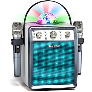 MASINGO 2023 Karaoke Machine for Adults & Kids with 2 Wireless Microphones - Portable Singing PA Speaker System Set w/Two Bluetooth Mics, Disco Ball Party Lights & TV Cable - Ostinato M7
