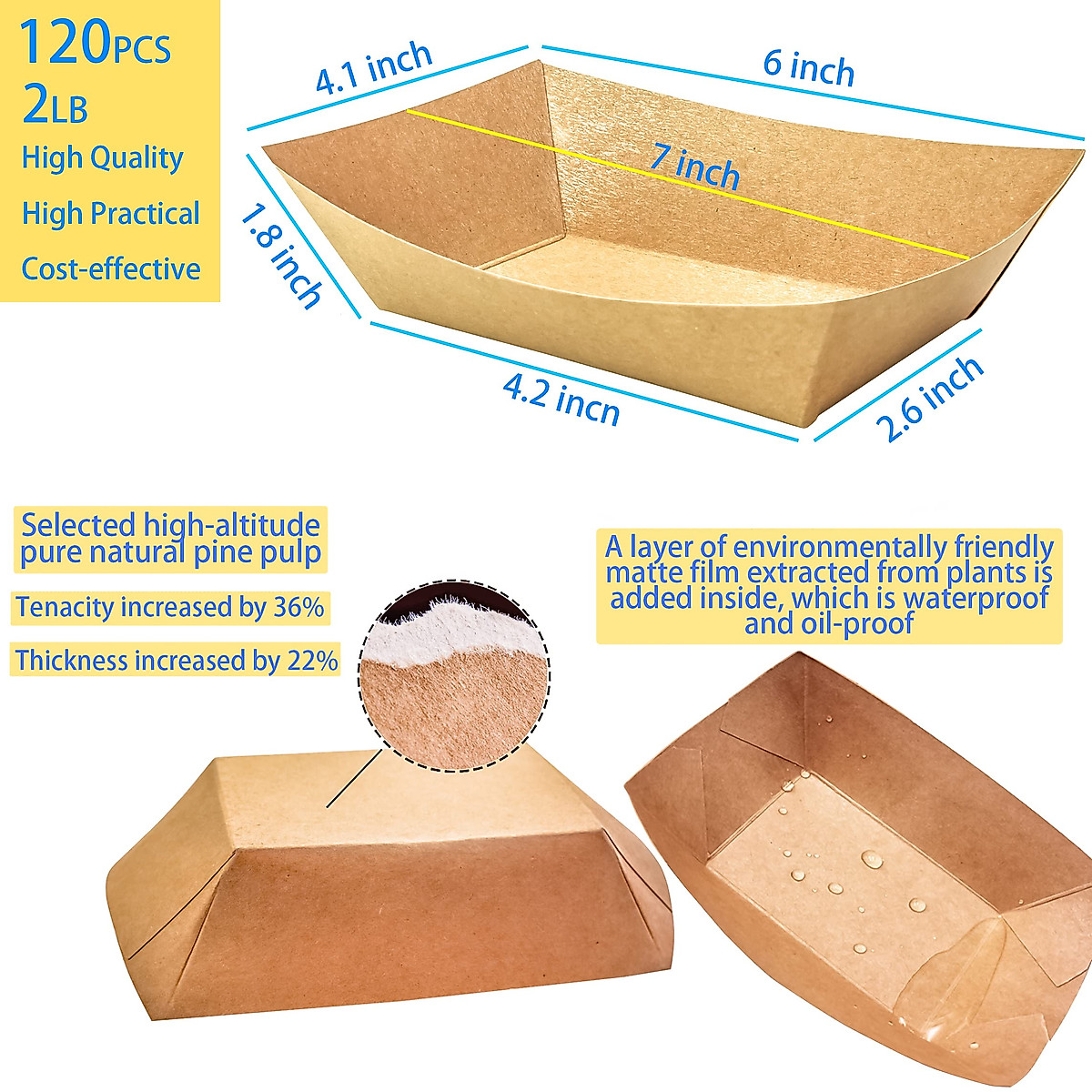 MotBach 120 Pcs Brown Kraft Paper Disposable Recyclable Eco-Friendly Food Serving Boats Take Out Food Trays Party Supplies for Tacos, Nachos, Crawfish, French Fries