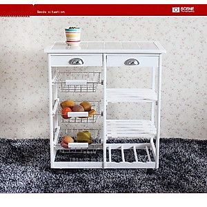 Kitchen Island Cart on Wheels,3 Tiers Rolling Utility Trolley Cart with 2 Drawers,Basket & Storage Shelf,Rolling Kitchen Island,Coffee Bar Microwave Stand Cart with Rolling Wheels for Kitchen(White)