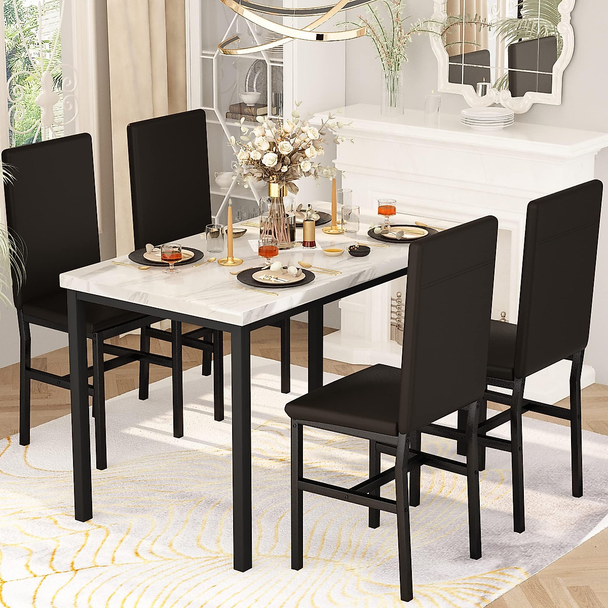 Hooseng Modern 5 Piece Dining Room Furniture Set - White Table with Faux Marble Top and PU Leather Chairs for 4, Apartment, Home Bar, Small Spaces