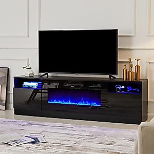 Amerlife Fireplace TV Stand with 36" Electric Fireplace, LED Light Entertainment Center, Modern Wood Texture Entertainment Stand with Highlight Storage Cabinet for TVs Up to 80", 70 inches, Black