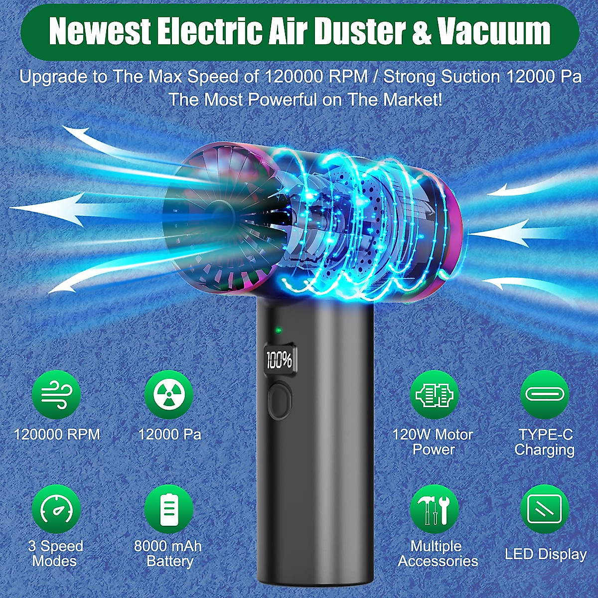 Compressed Air Duster & Vacuum,100000RPM Electric Keyboard Cleaner for Office Computer Replace Canned Air Blower, Cordless Duster Can with 7800mAh Rechargeable